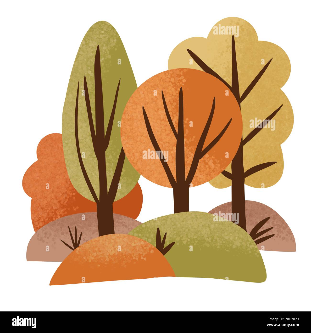 Hand drawn illustration of fall autumn forest wood trees. Orange yellow ...