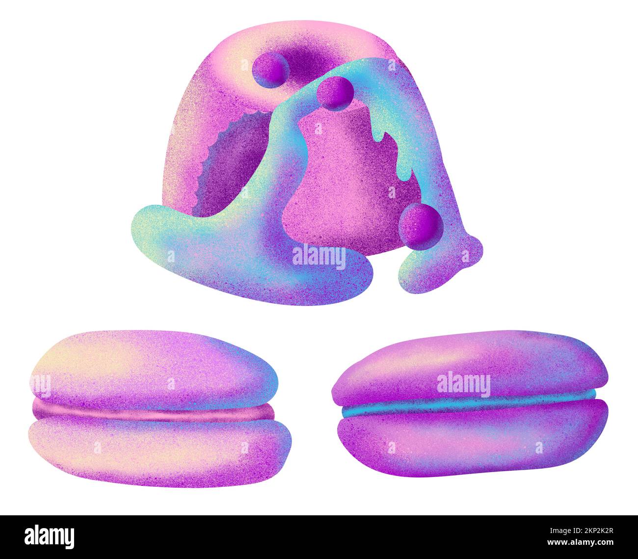 Hand drawn illustration of pastel sweet dessert pastry candy macaroon cupcake. Purple pink ...