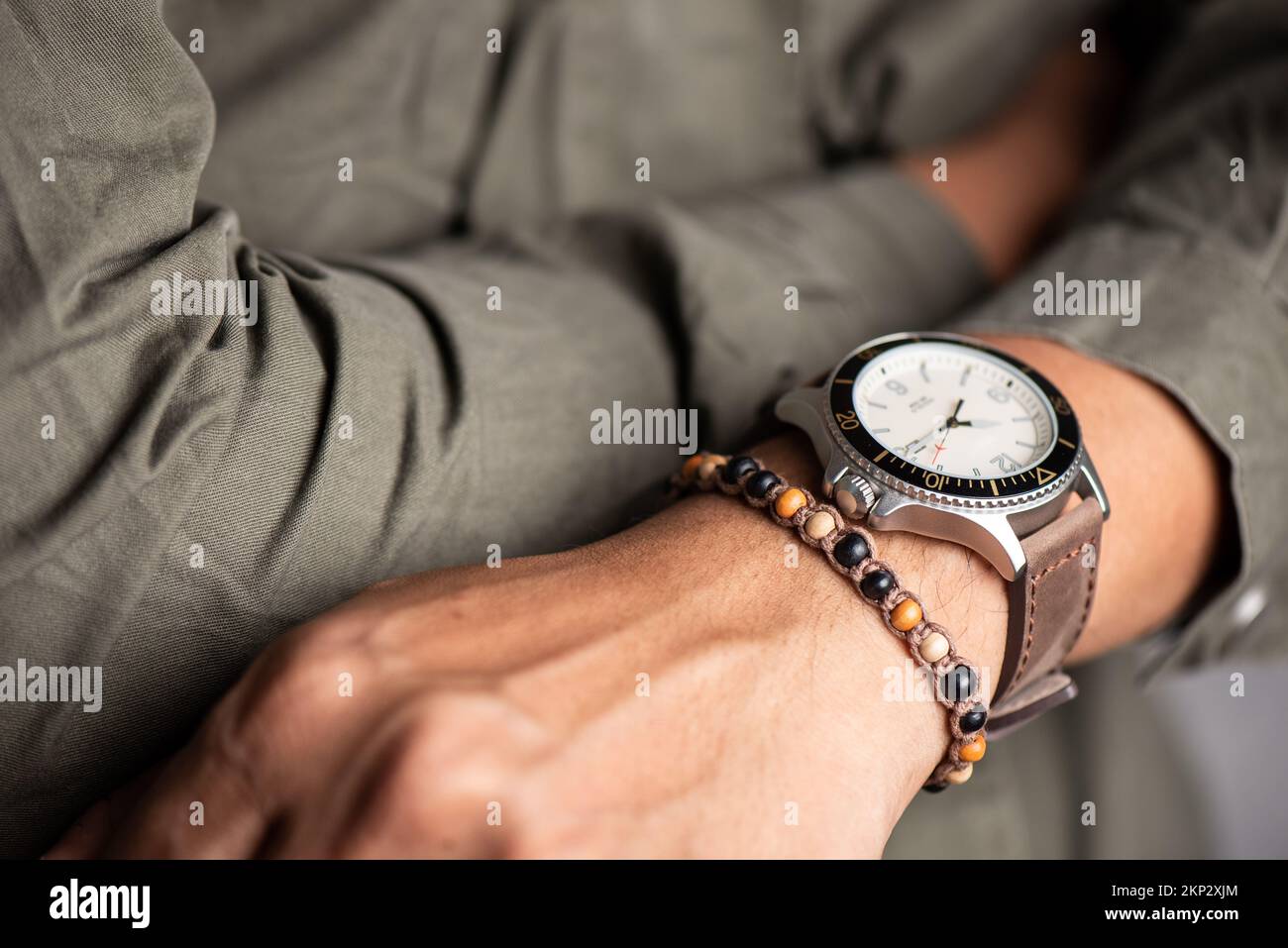 Close up bracelet on the man's wrist. Men accessories concept Stock ...