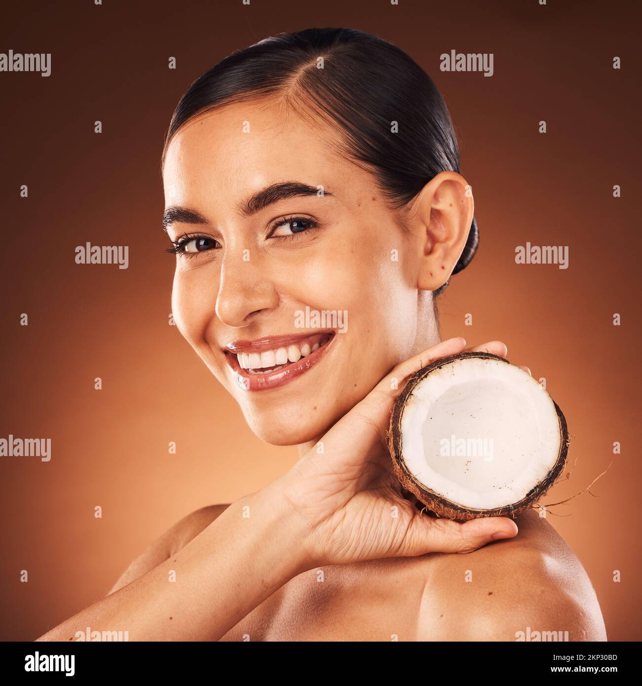 Coconut, woman and beauty, skincare and portrait, cosmetics and healthy ...