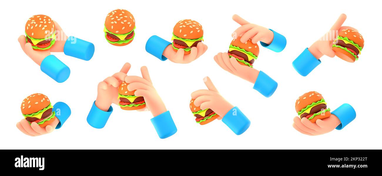3d render hands with burger isolated on white background. Human palms ...