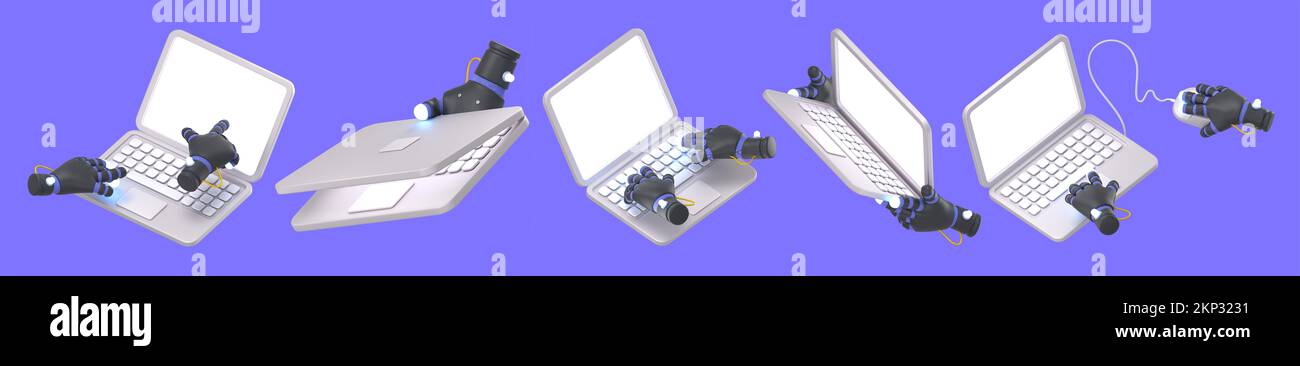 3d render robot hands with laptop, cyborg arms working on computer ...