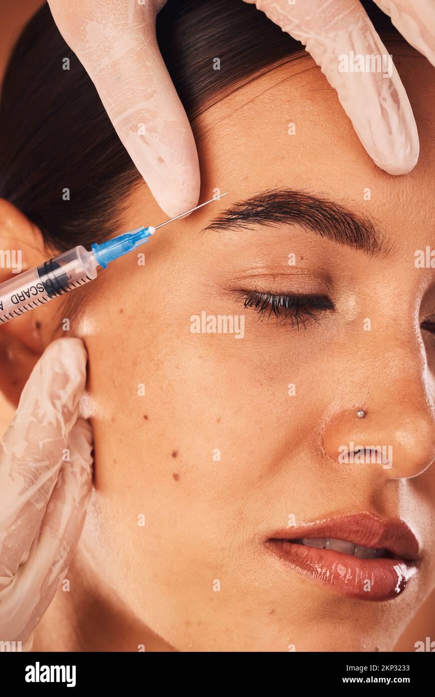 Botox, hands and woman in beauty surgery procedure for skincare, change ...