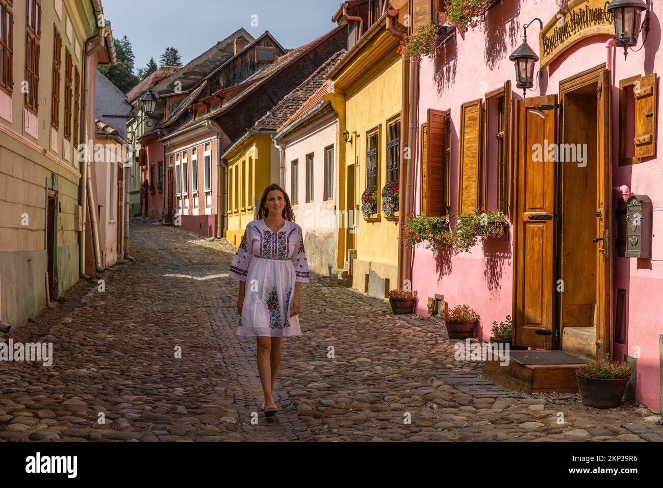 Walking through the Sighisoara Old Town streets, Transylvania, Romania ...