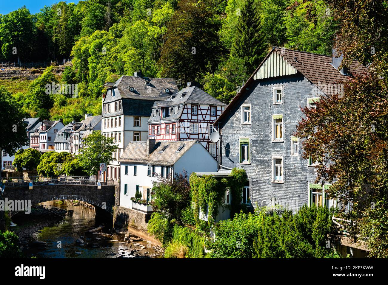 Monschau town above the Rur river in North Rhine-Westphalia, Germany ...