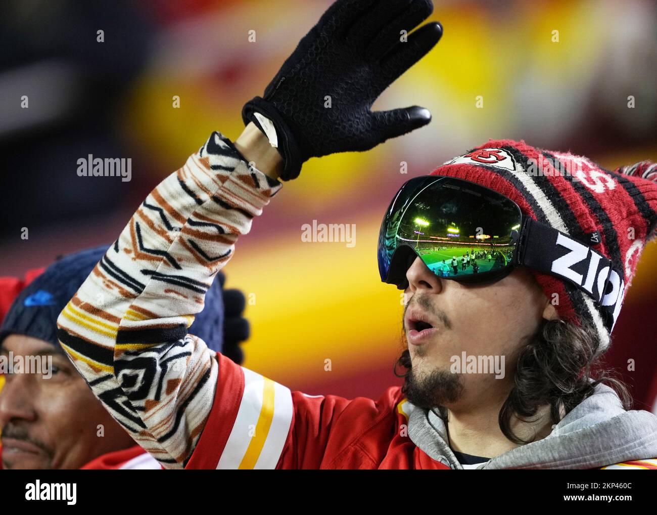 Kansas City, Missouri, USA. NOV 27, 2022: a fan does the tomahawk chop ...