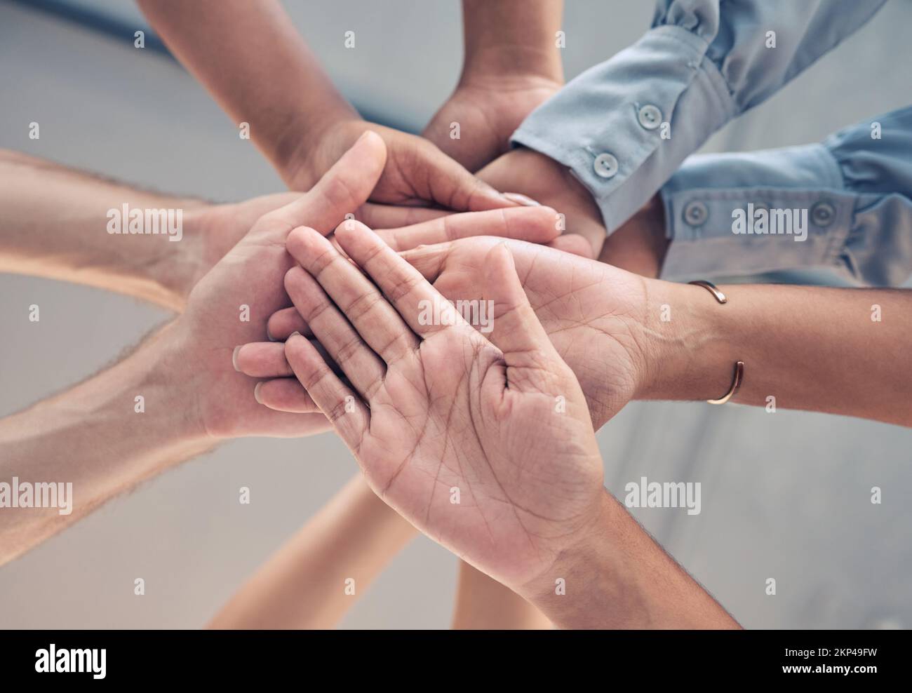 Teamwork, support and stack of business people hands working together ...