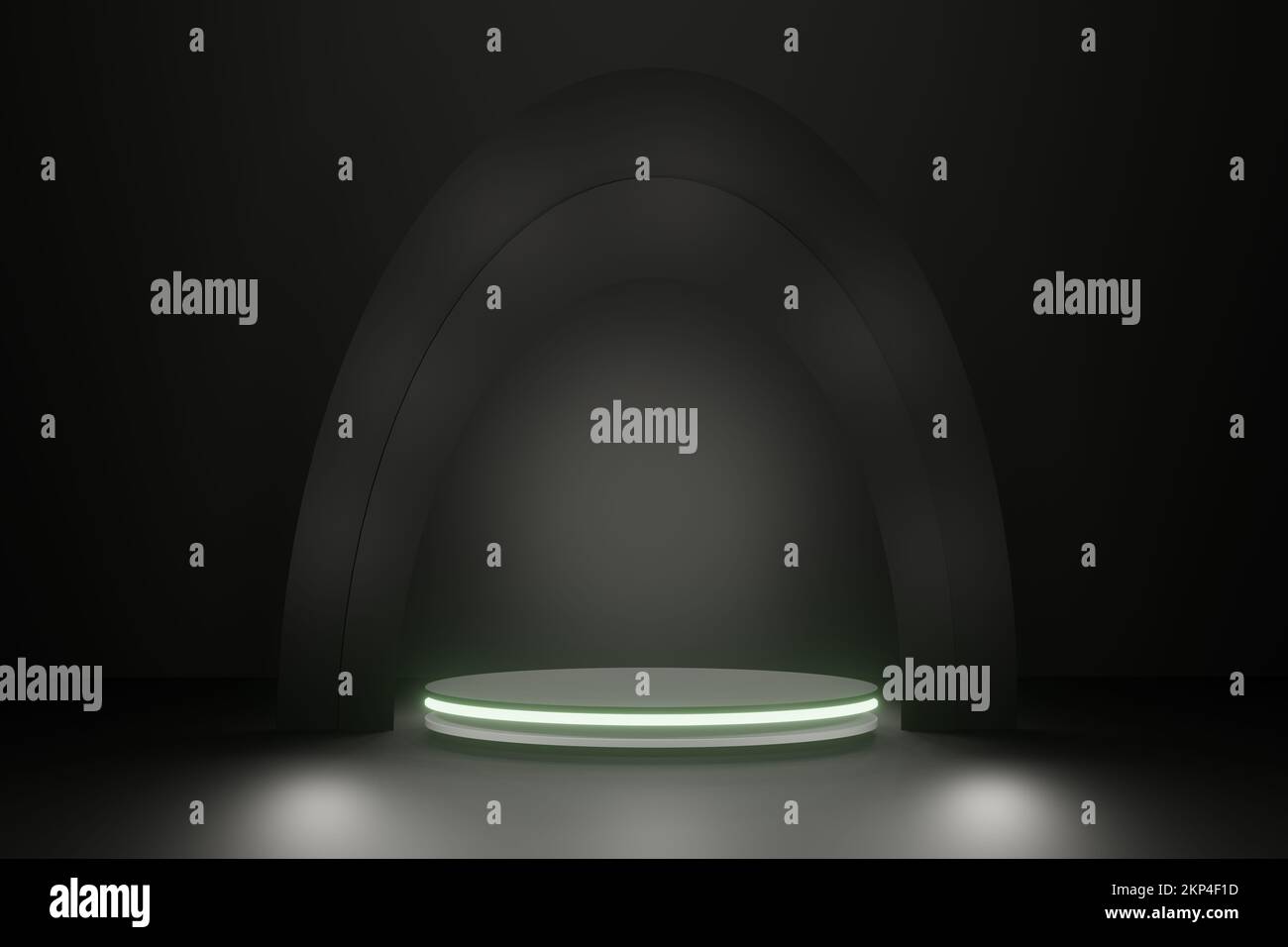 Black dark arch with galaxy stage podium and shining green lighting ...