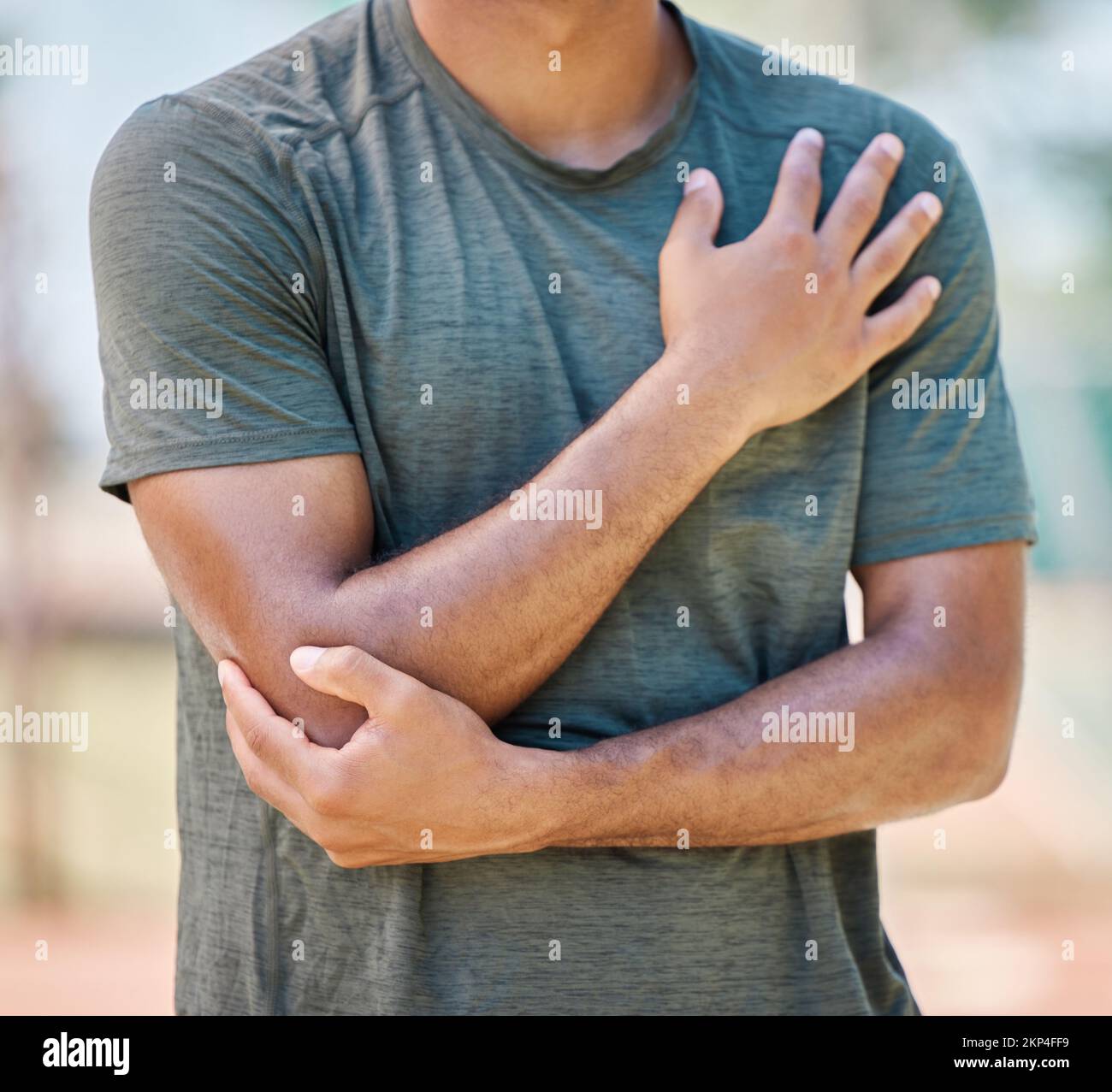 Sports, man and elbow injury during exercise, training and cardio ...