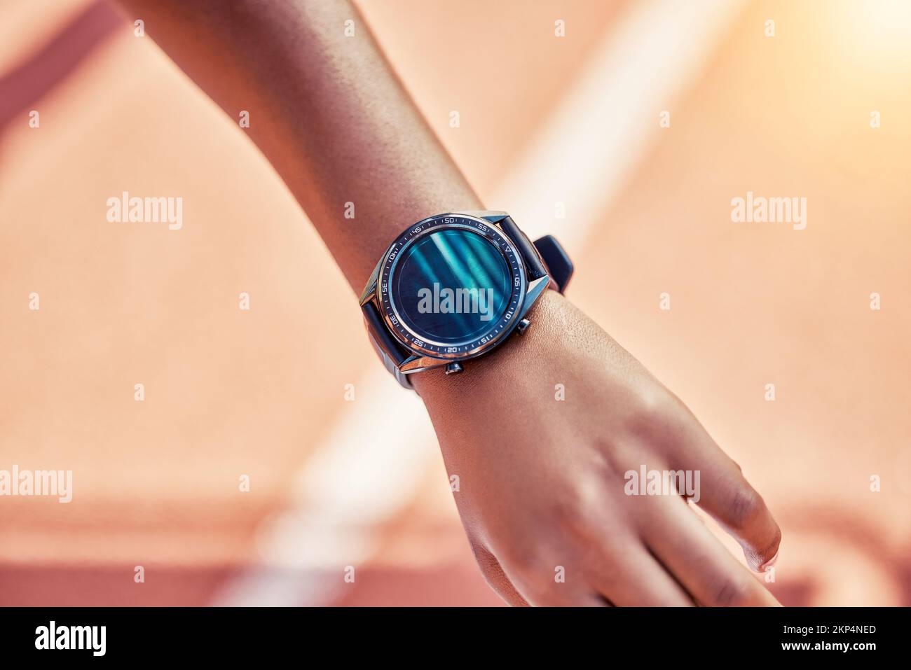 Fitness, woman and blank smart watch on running track, exercise workout ...