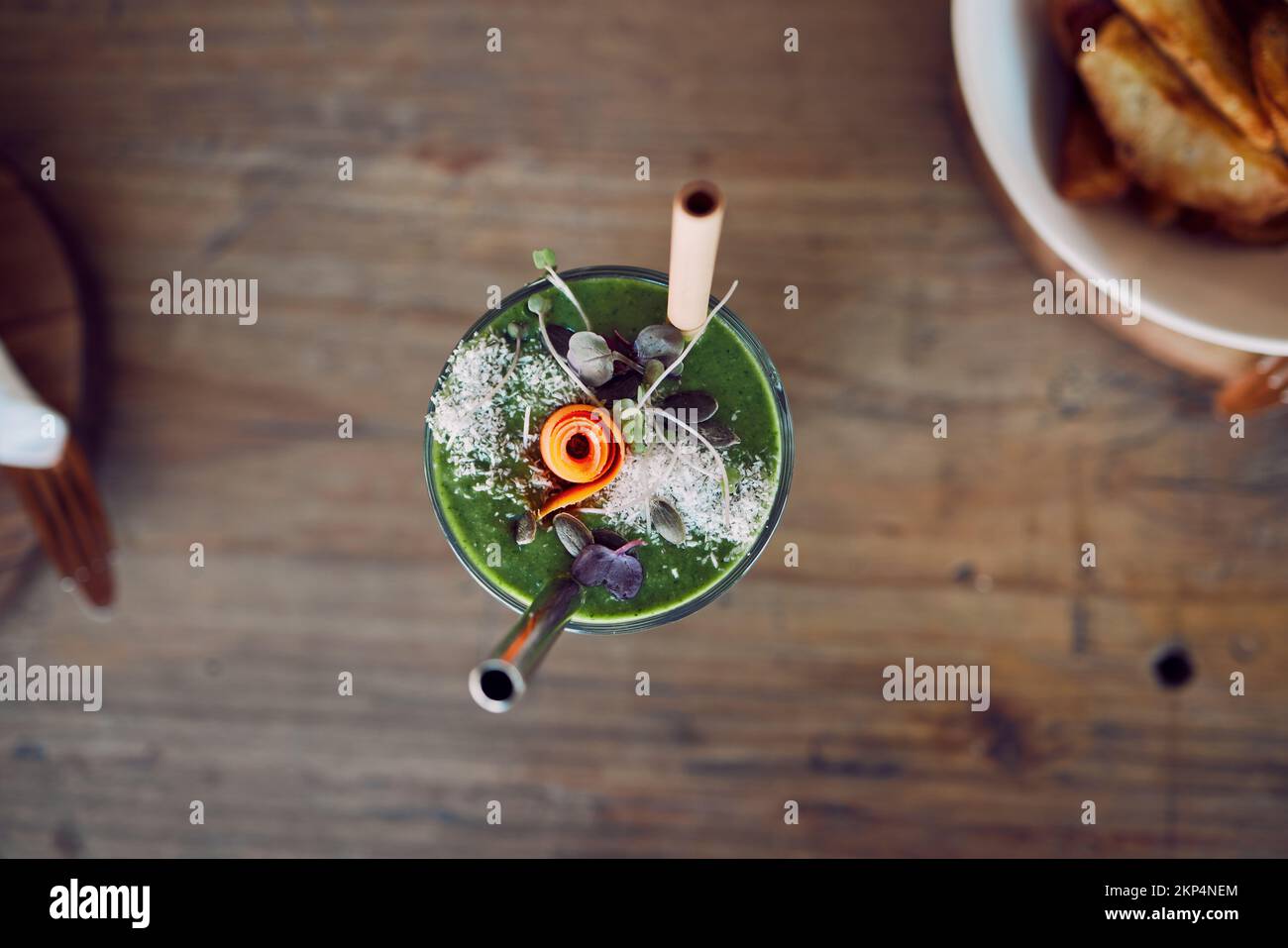 Top view, fruit smoothie or green juice as healthy breakfast diet ...