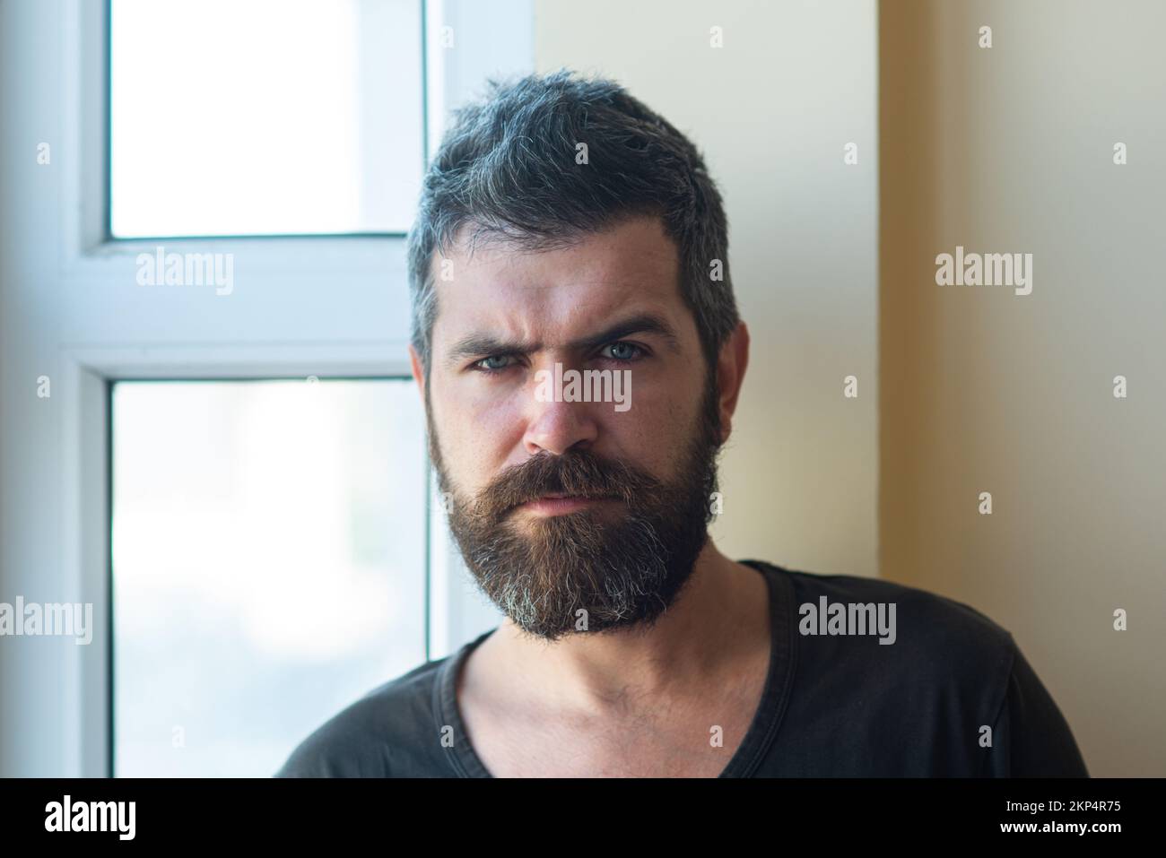 Brutal angry gang bearded man lifestyle, serious handsome guy Stock ...