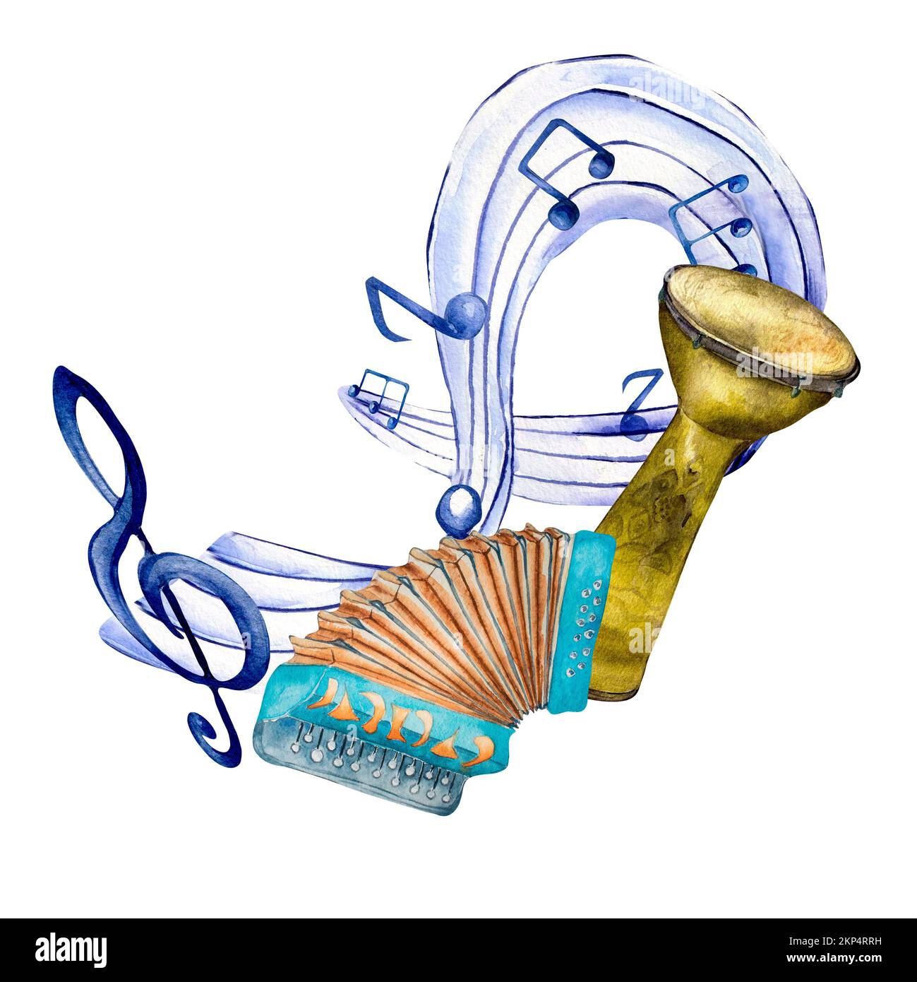 Musical notes and folk musical instrument watercolor illustration on ...