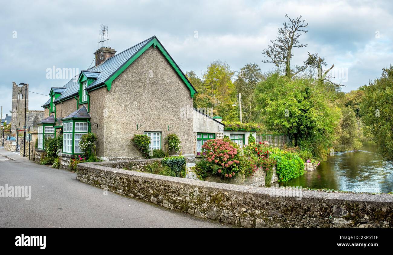 Panoramic view to street and river in Cong village. County Mayo ...