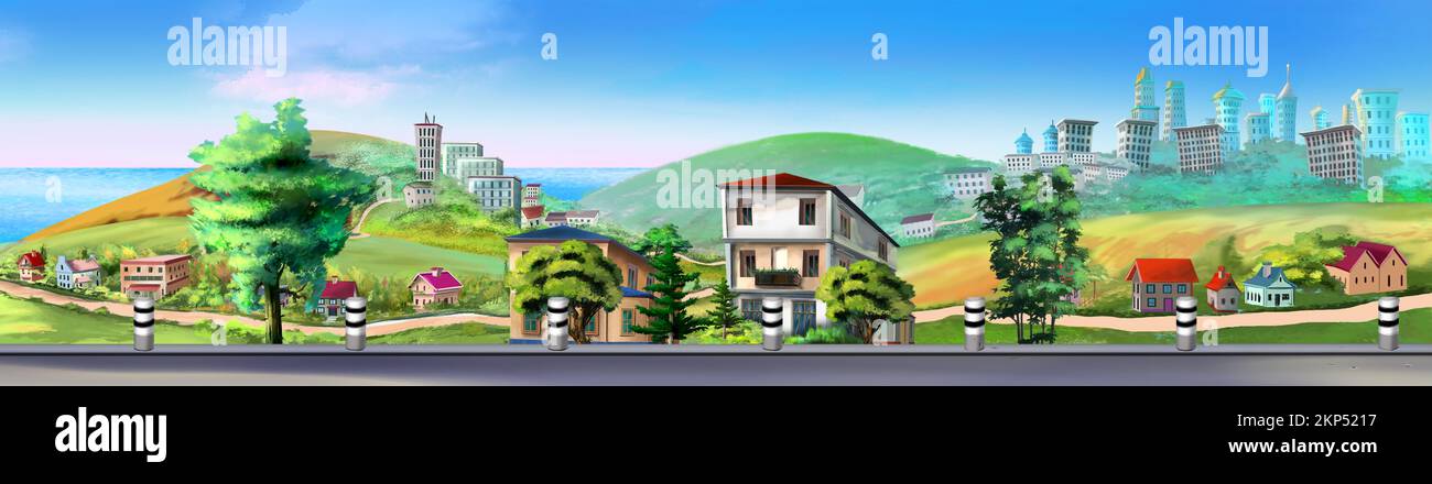 Suburban highway on a sunny summer day. Digital Painting Background ...