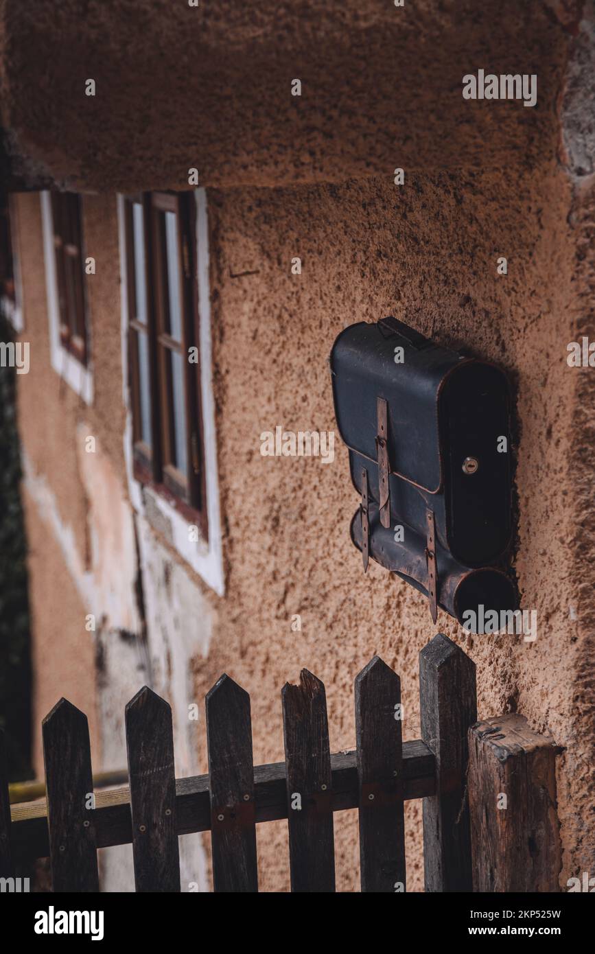 traditional chalets roofs with wooden fence in Hallstatt street in ...