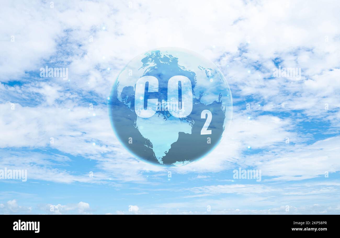 CO2 in globe map on blue sky. Greenhouse gas. Carbon dioxide gas global ...
