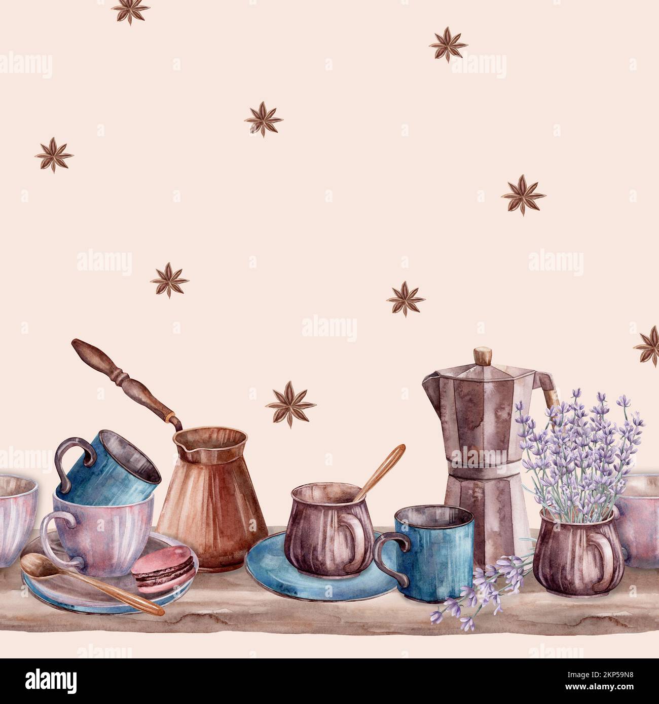 Coffee. Peach. Watercolor. Pattern. Illustration for clipart. Designed ...