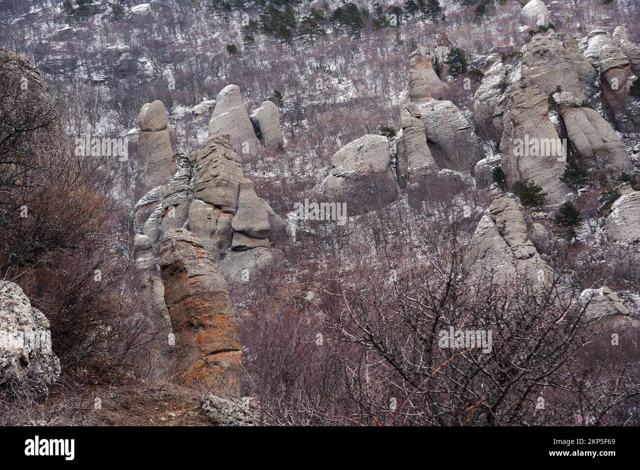 Bizarre rocks of Valley of ghosts on Mount Demerdzhi in early spring ...