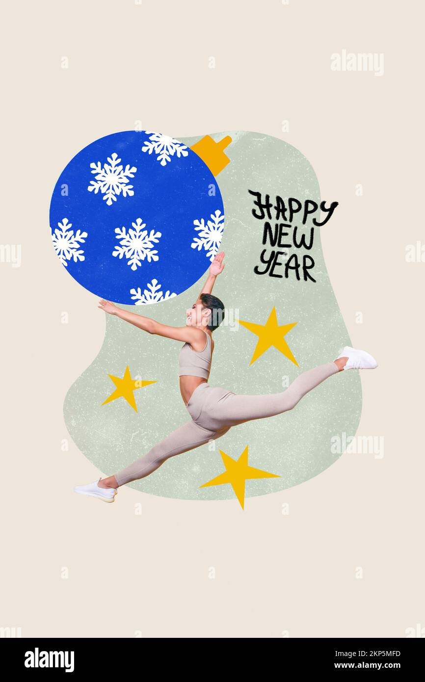 Vertical collage picture of excited mini girl jumping hands hold huge ...