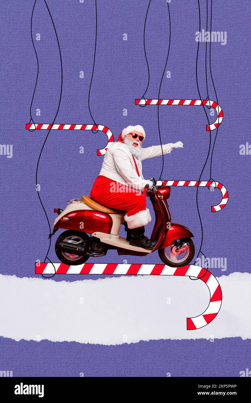 Collage 3d image of pinup pop retro sketch of hurrying santa riding ...