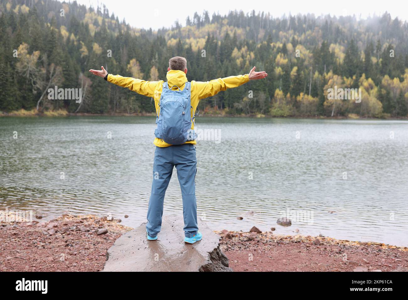 Male traveler rejoicing and enjoying nature back view Stock Photo - Alamy