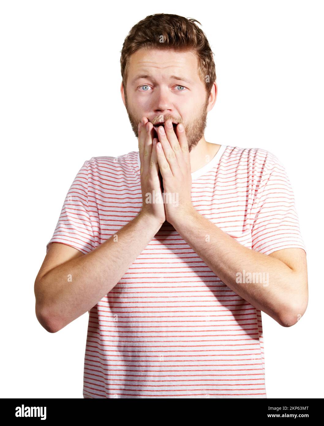 Casually handsome. A cropped portrait of a shocked young man, isolated ...