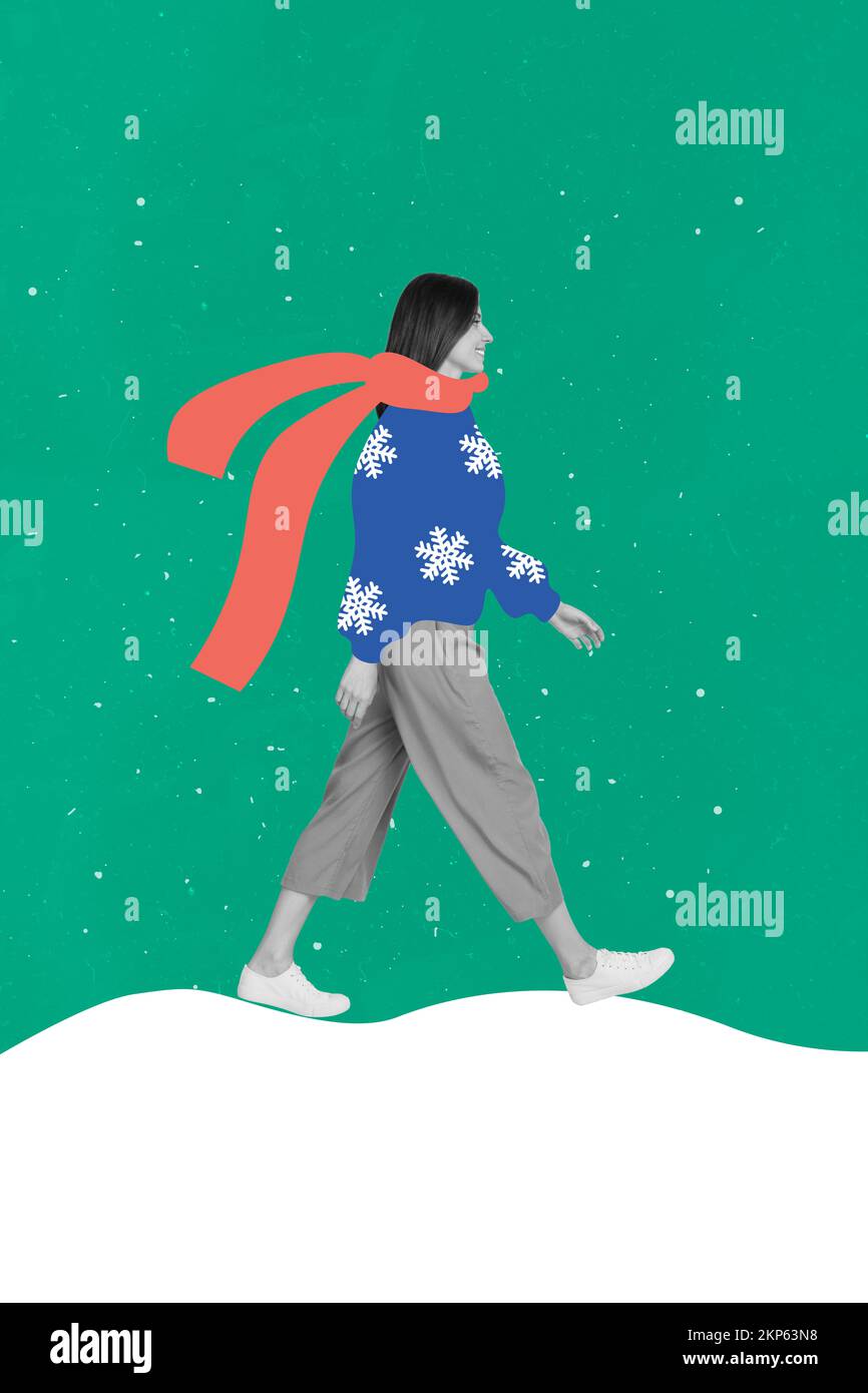 Vertical collage image of cheerful black white effect girl walking snow ...