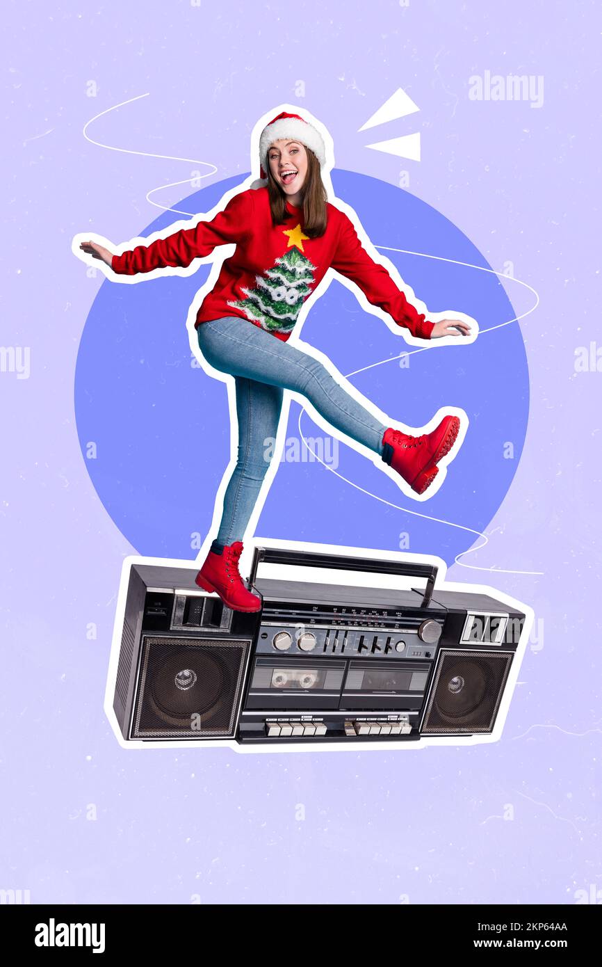 Vertical collage image of overjoyed excited girl have good mood dancing ...