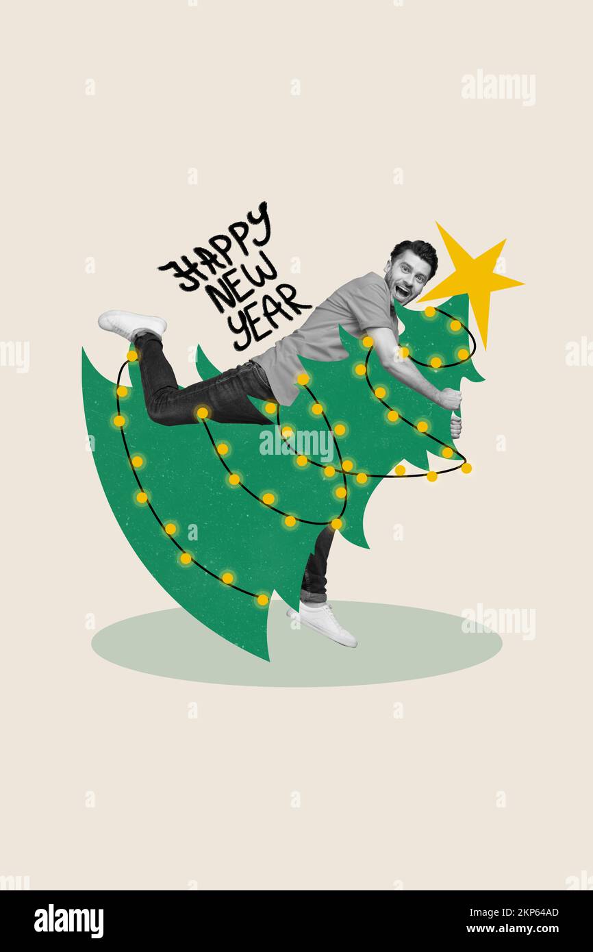 Vertical collage image of excited funky guy black white colors hands ...