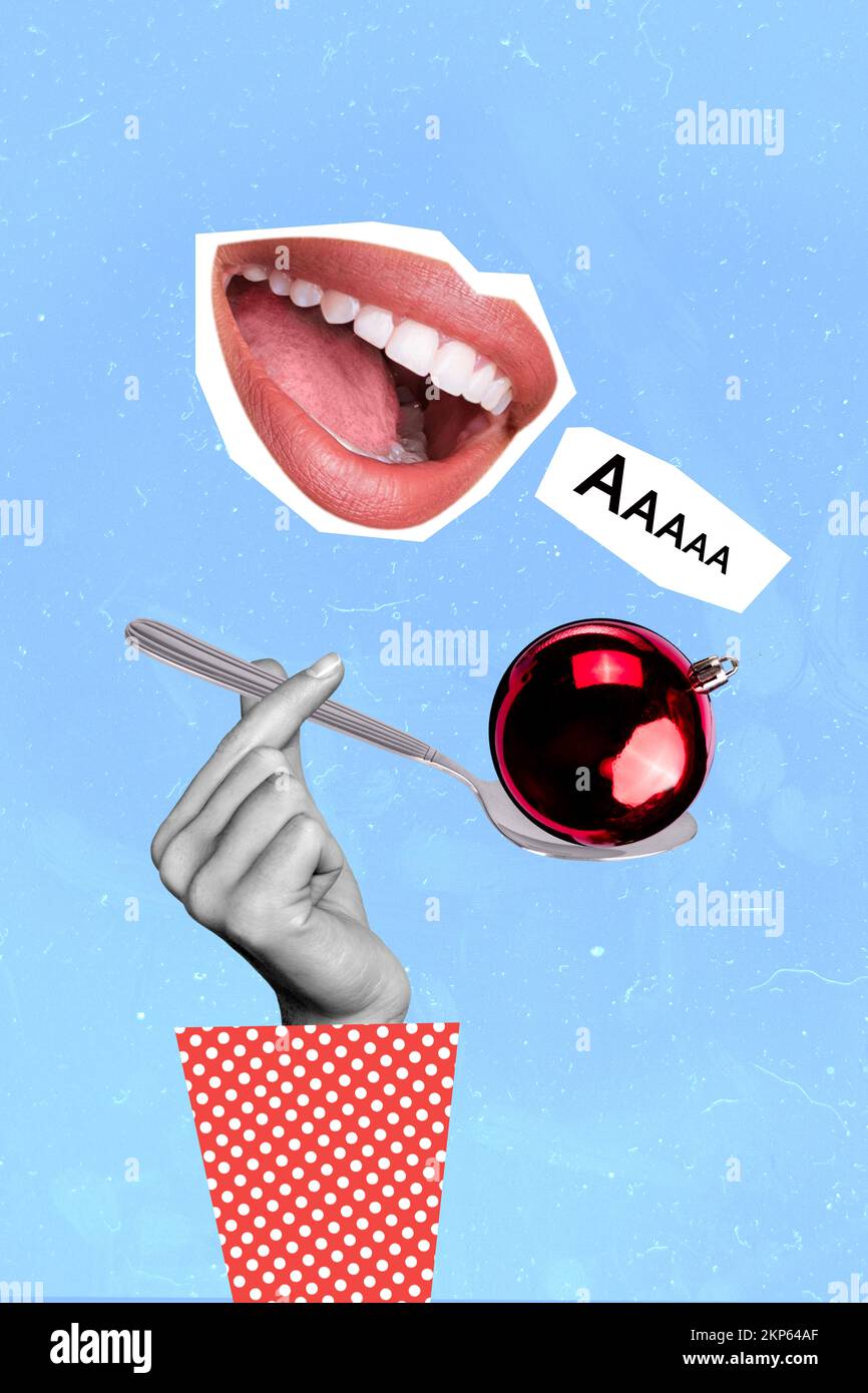 Vertical collage of smiling open mouth arm hold spoon newyear ball toy ...