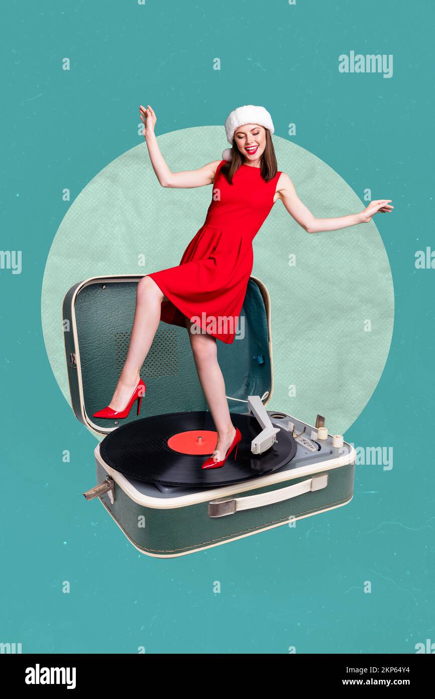 Vertical collage picture of cool positive mini girl have fun dancing ...