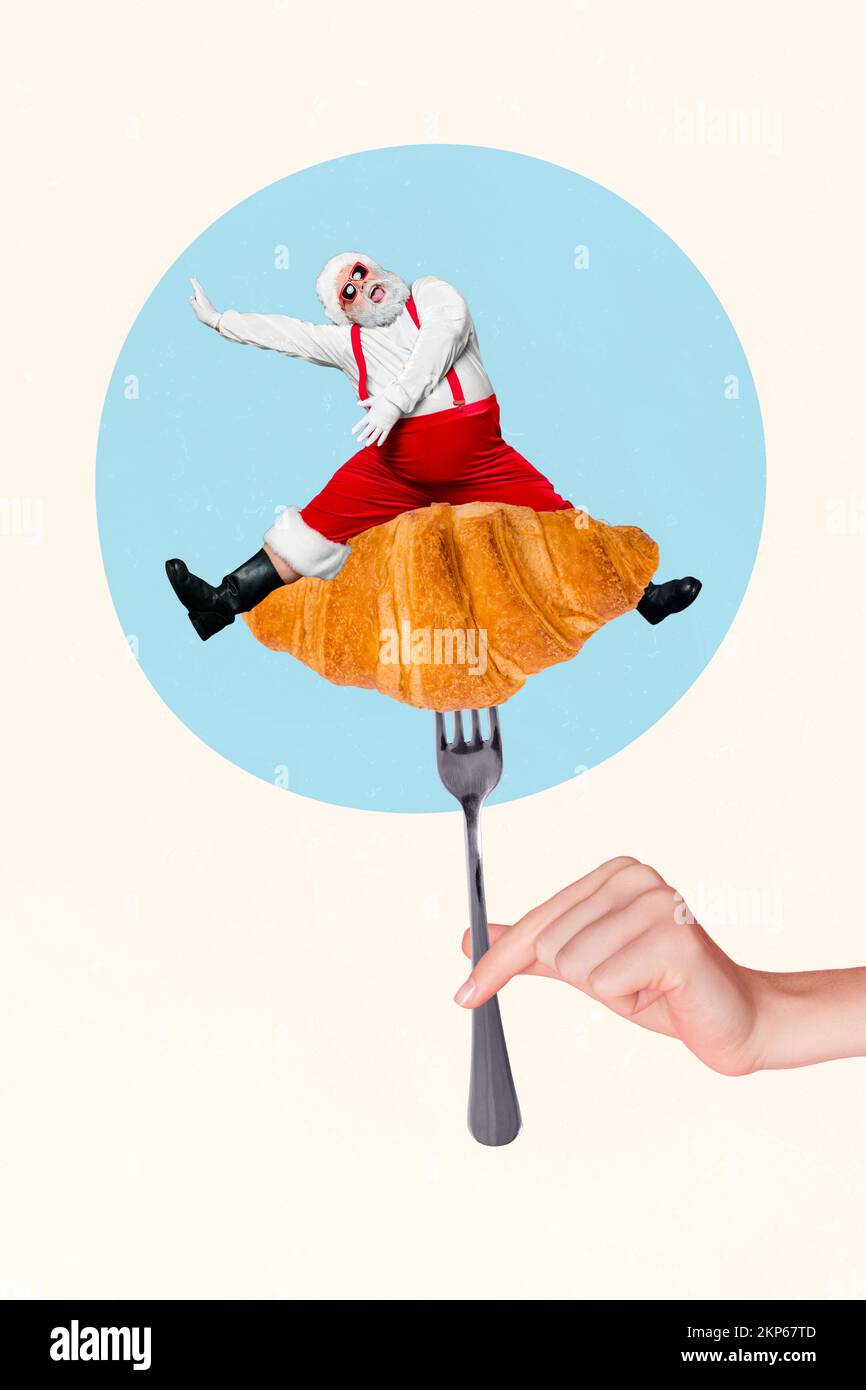 Vertical collage image of arm hold fork mini excited santa sit ...