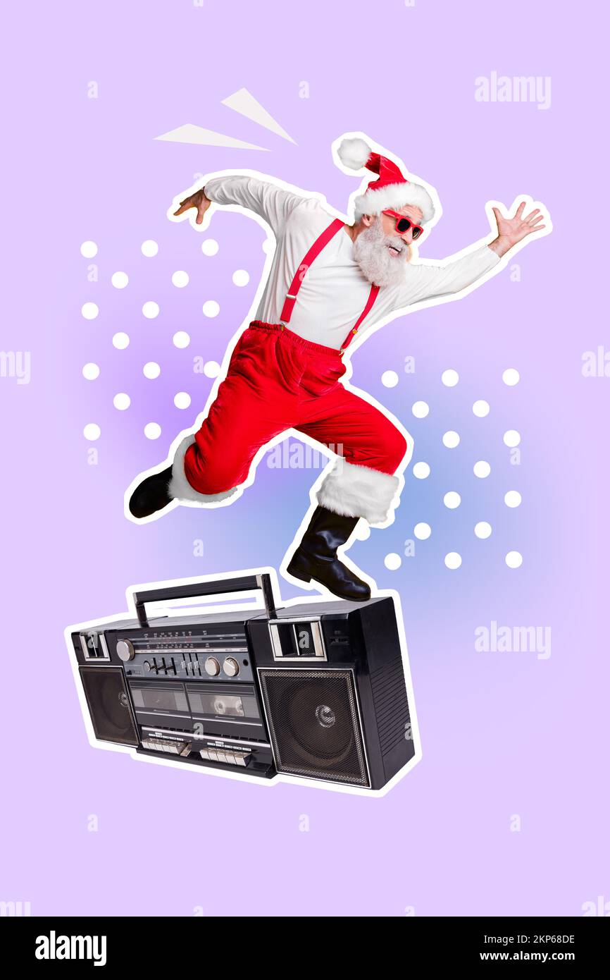 Vertical collage picture of crazy funky mini aged santa running big ...