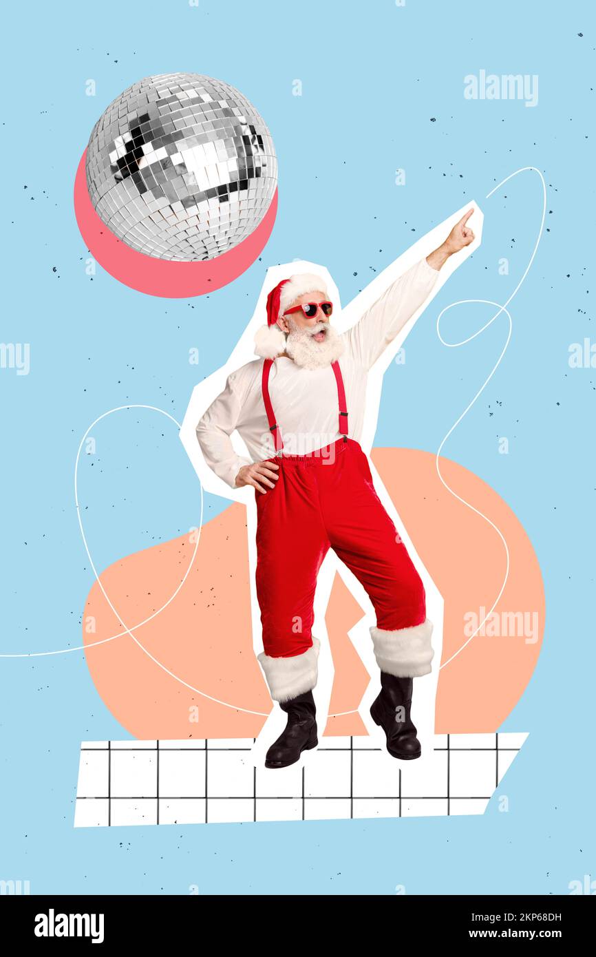 Vertical collage image of excited overjoyed santa point finger dancing ...