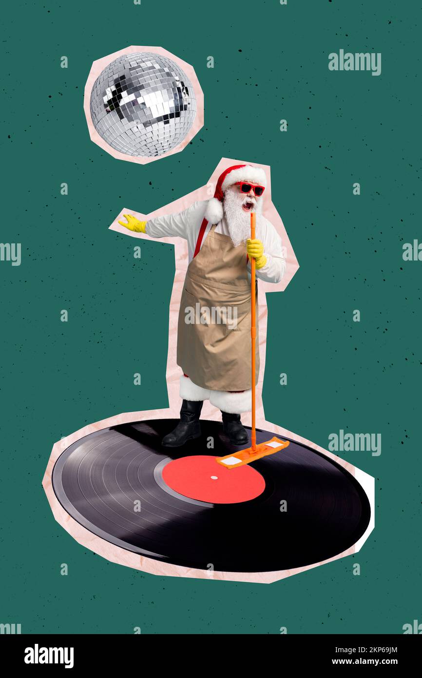 Vertical collage picture of overjoyed positive mini santa stand big ...