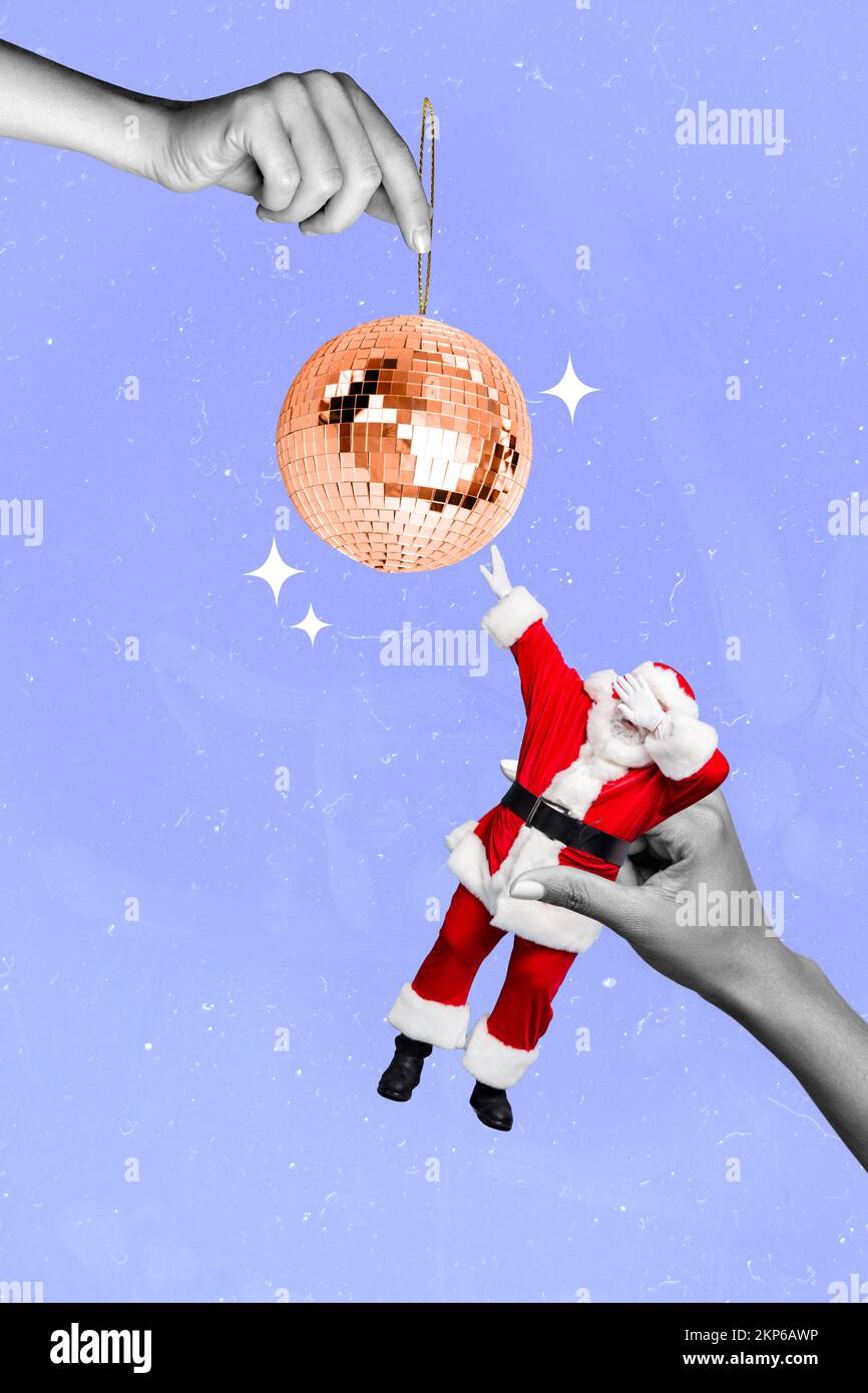 Vertical collage portrait of black white gamma arm hold disco ball ...