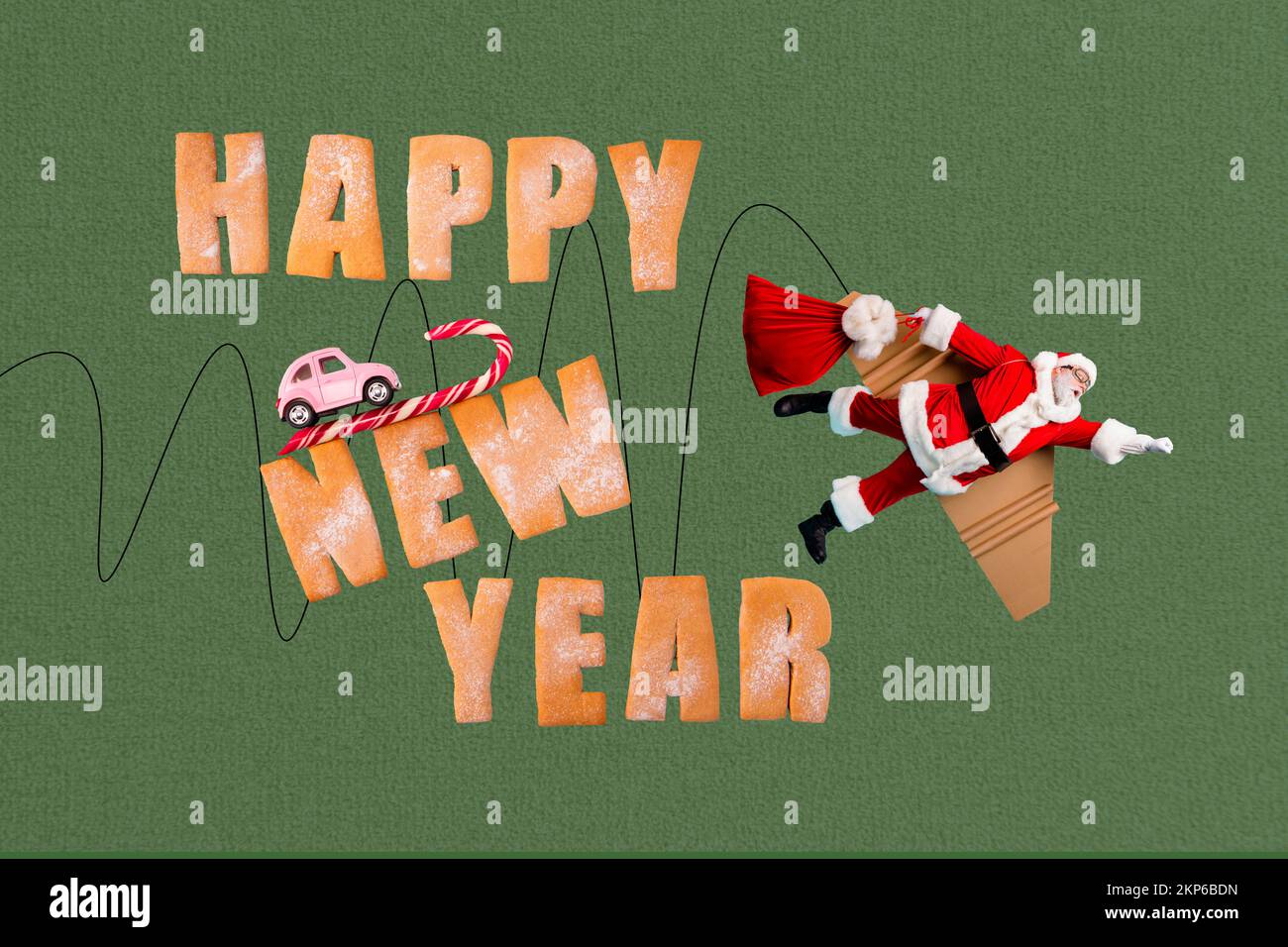 Artwork magazine collage picture of smiling santa flying wings delivering x-mas presents ...