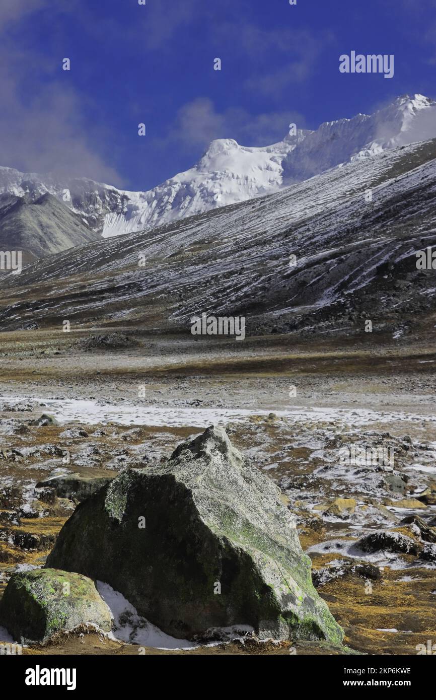 scenic alpine valley and snowcapped peak of himalaya mountains, from ...