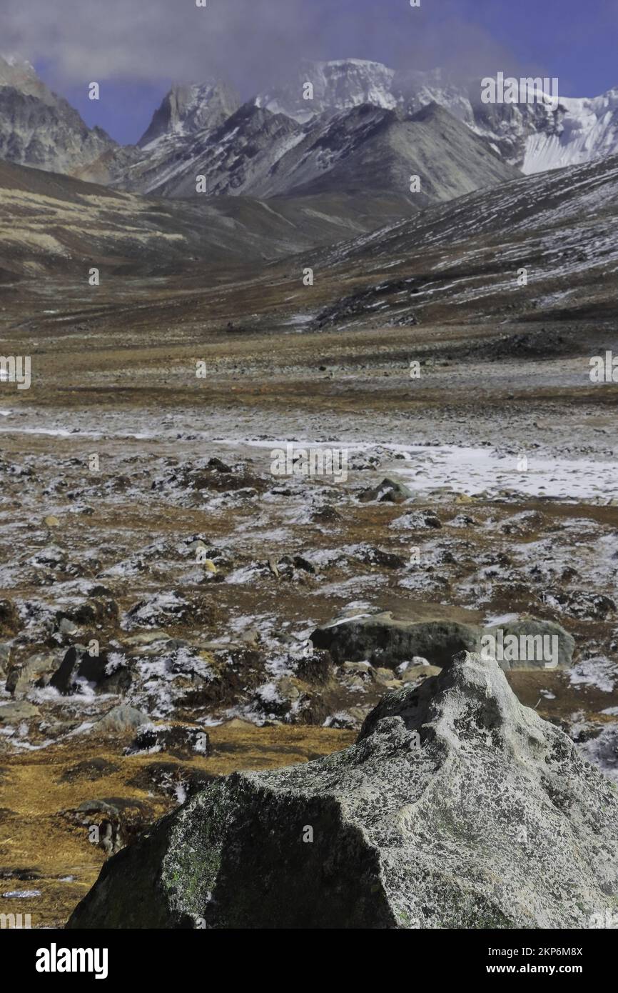 scenic alpine valley and snowcapped peak of himalaya mountains, from ...