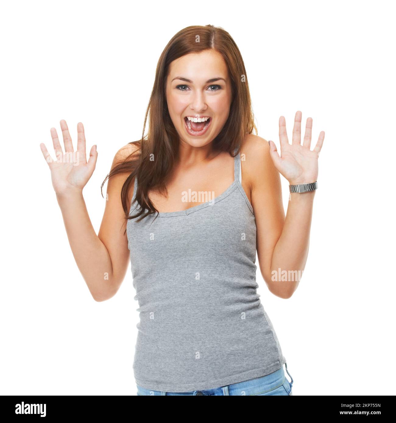 Shes got a positive attitude. A pretty teen girl isolated on white ...