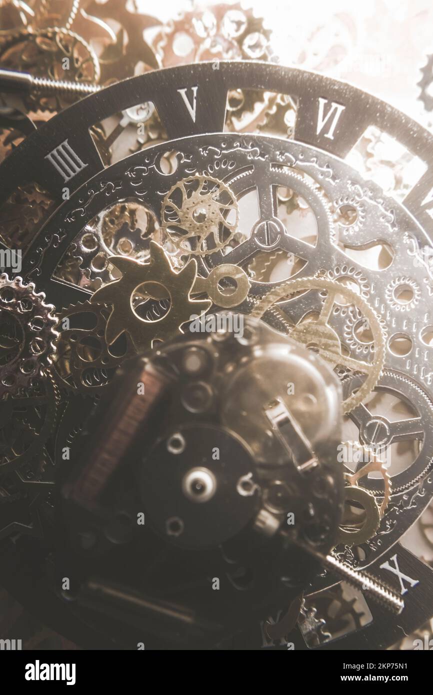 Historic machine design with a clock dial in mechanical repair. Time ...