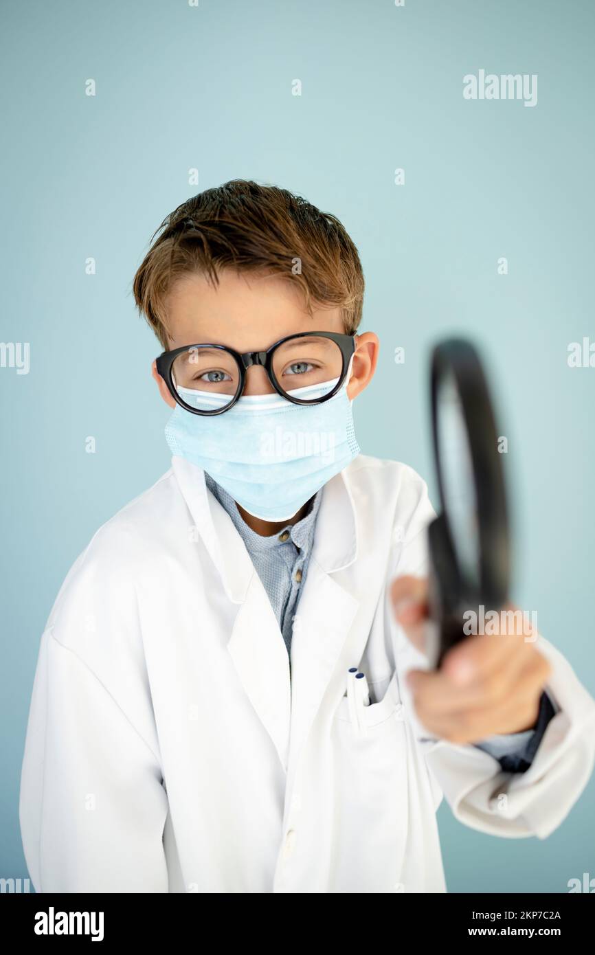 cool funny bub dressed as scientist with big magnifying glass and black ...