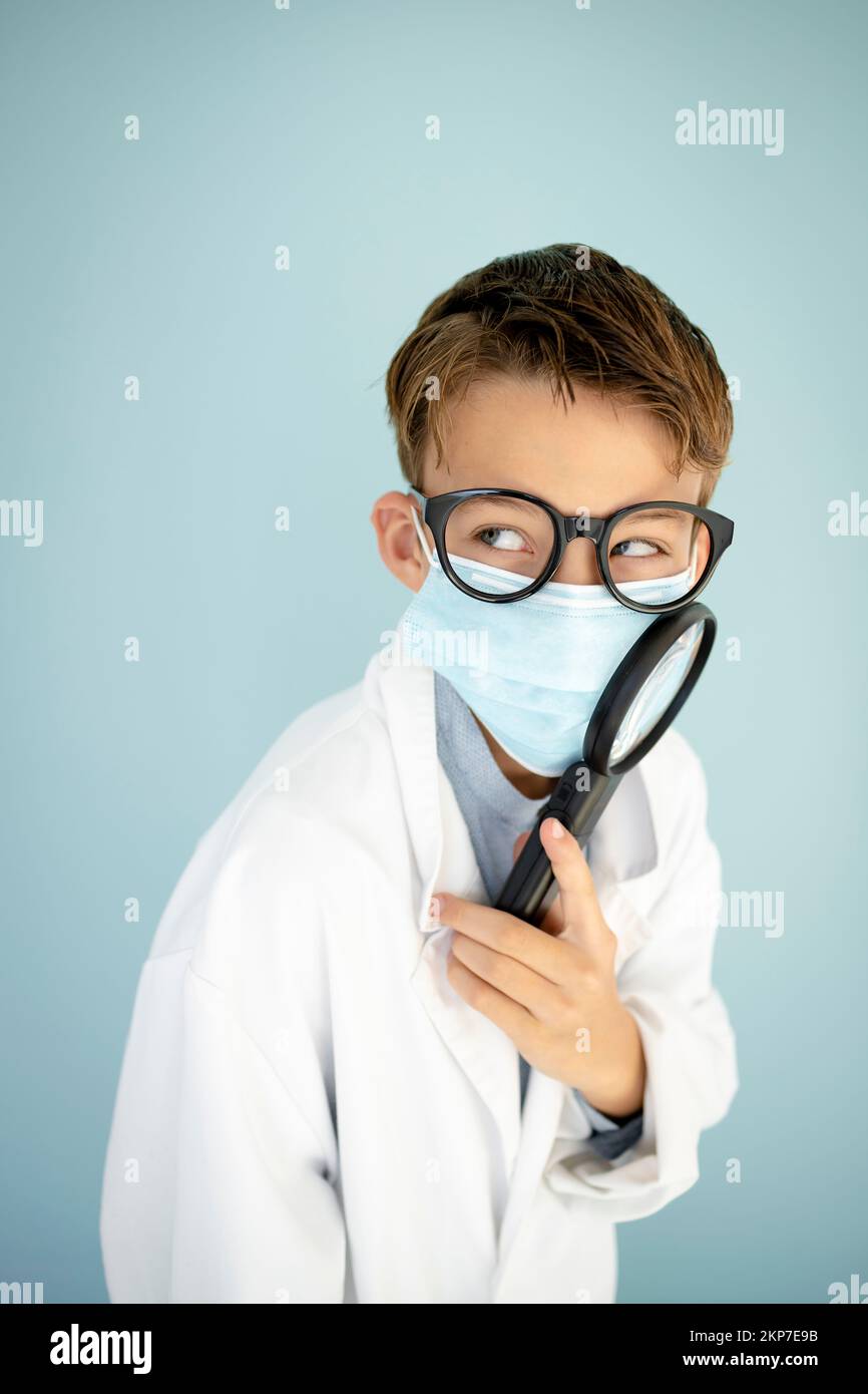cool funny bub dressed as scientist with big magnifying glass and black ...