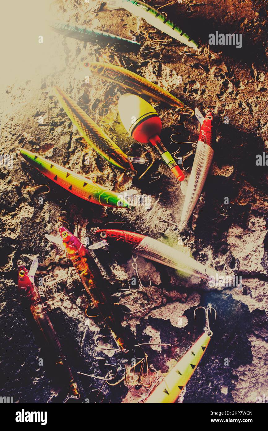 Fishermans still-life imagery on a fishing tackle set in retro grunge ...