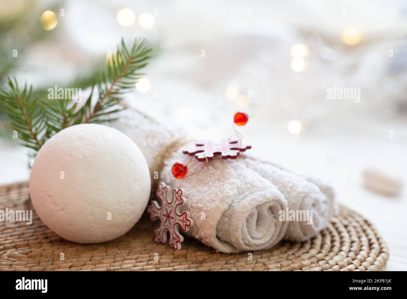 Winter spa composition with body care items and decor details Stock ...