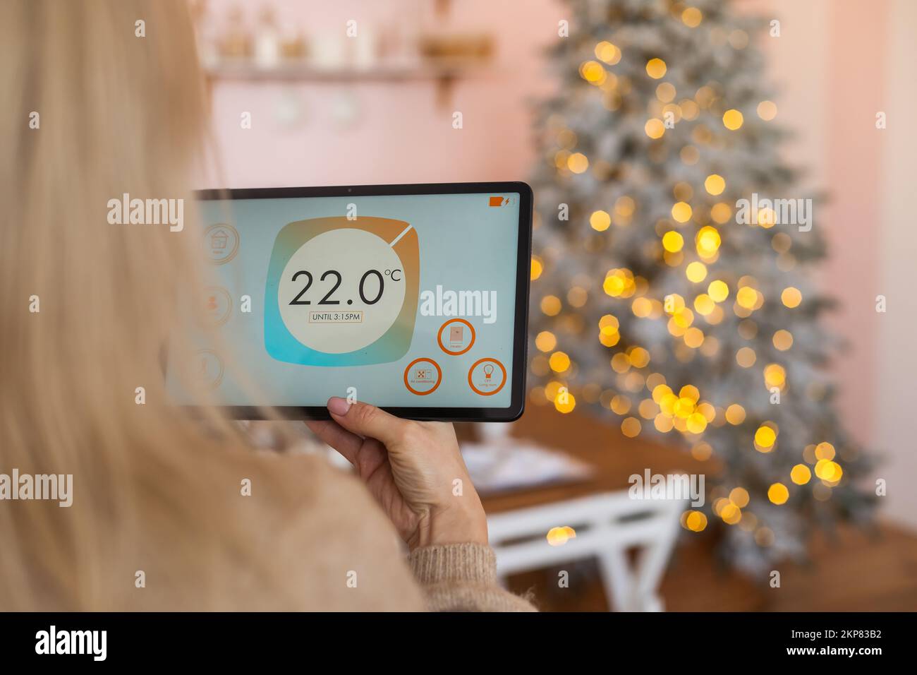 Modern Home Smart Automation App On Tablet Display In Woman Hands At