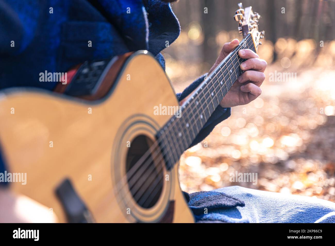 Close-up, a man plays an acoustic guitar in the autumn forest Stock ...