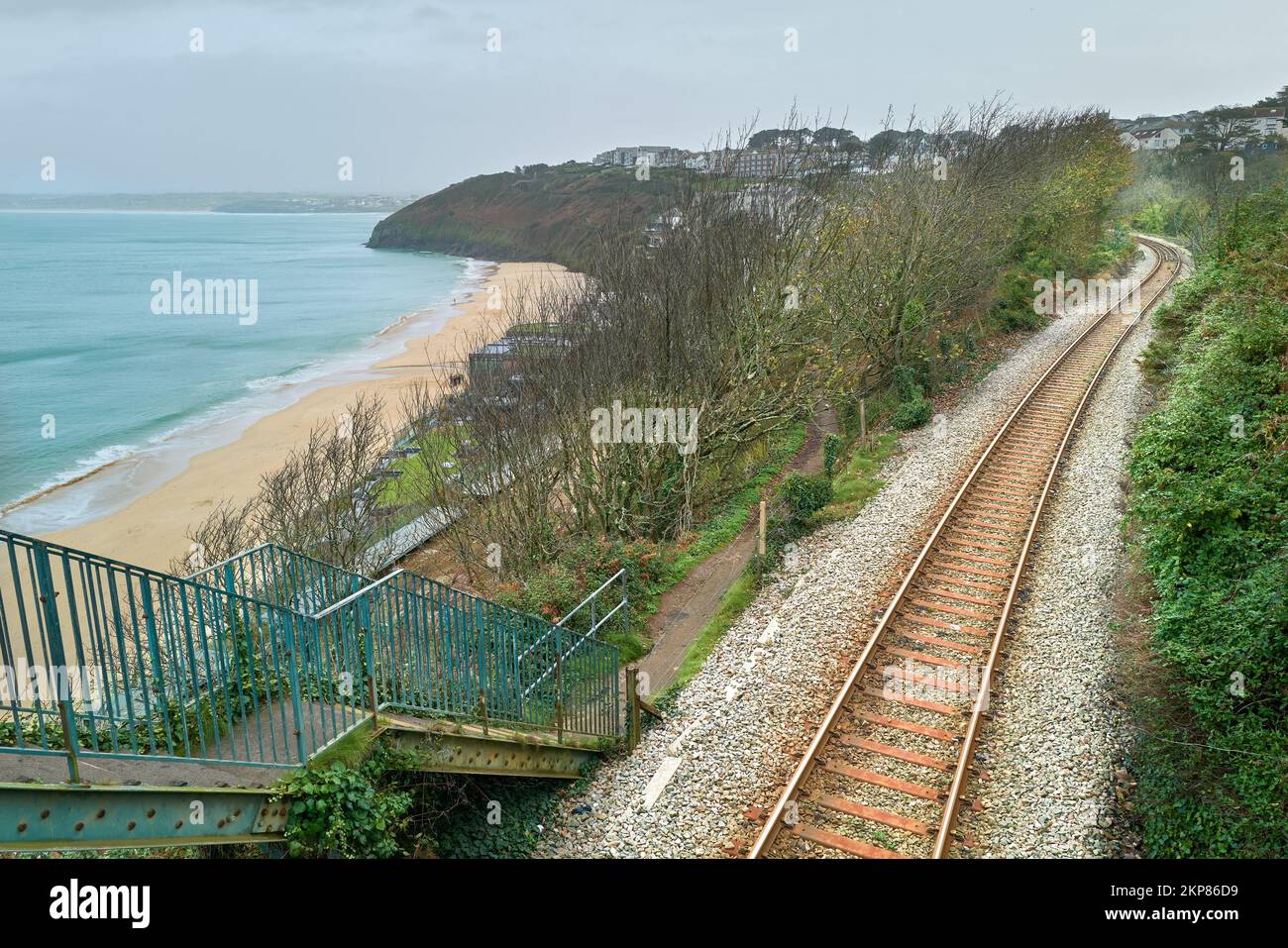 Single track railway line along the coast between St Ives and St Erth ...