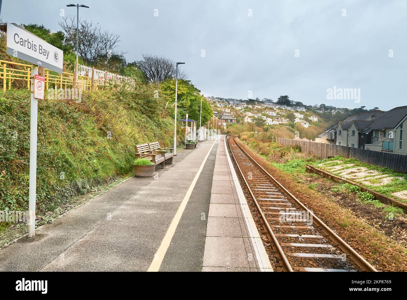 Single track railway line along the coast between St Ives and St Erth ...